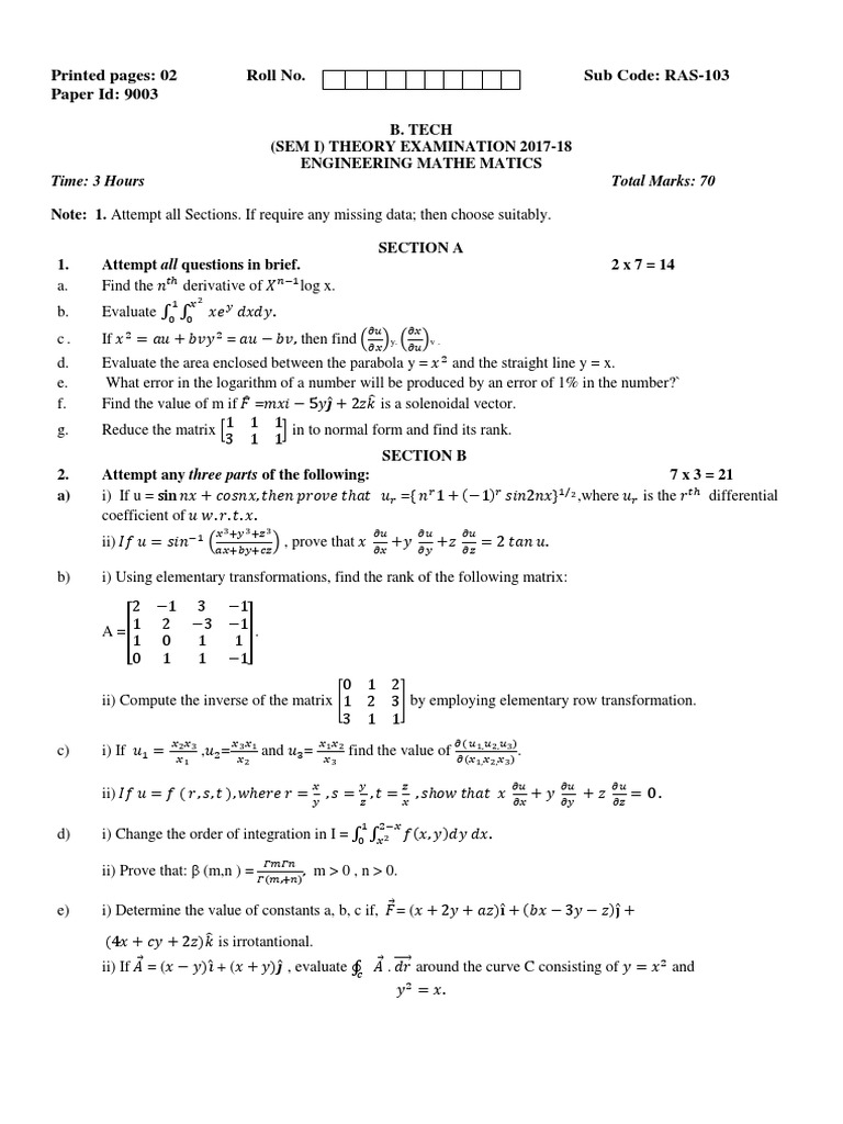 Printed Pages: 02 Roll No. Sub Code: RAS-103 Paper Id: 9003: Time: 3 Hours Total Marks: 70 | PDF ...
