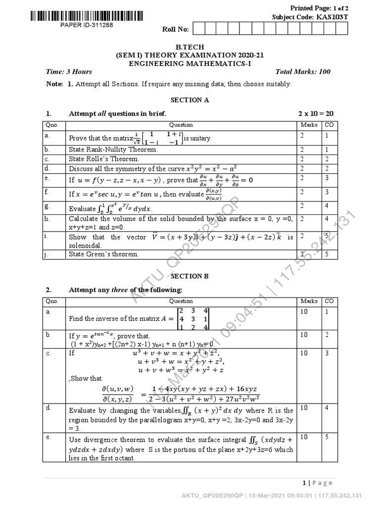 B.TECH (SEM I) THEORY EXAMINATION 2020-21 ENGINEERING MATHEMATICS-I | PDF | Matrix (Mathematics ...