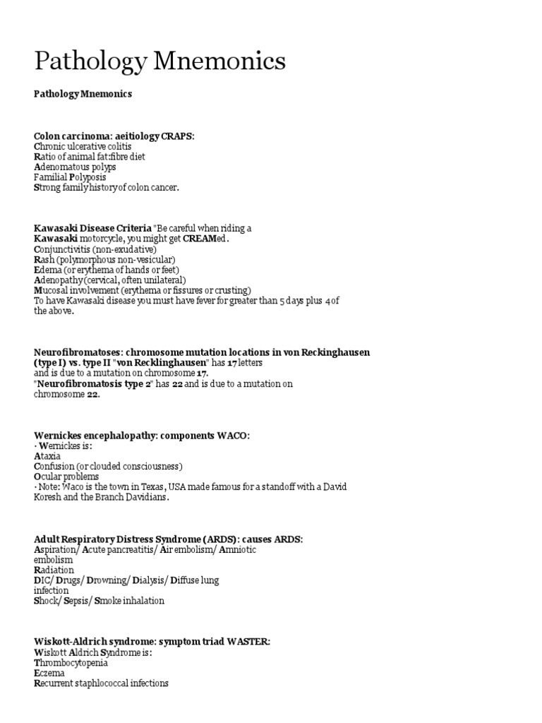 Essential Pathology Mnemonics Guide | PDF | Anemia | Ovarian Cancer