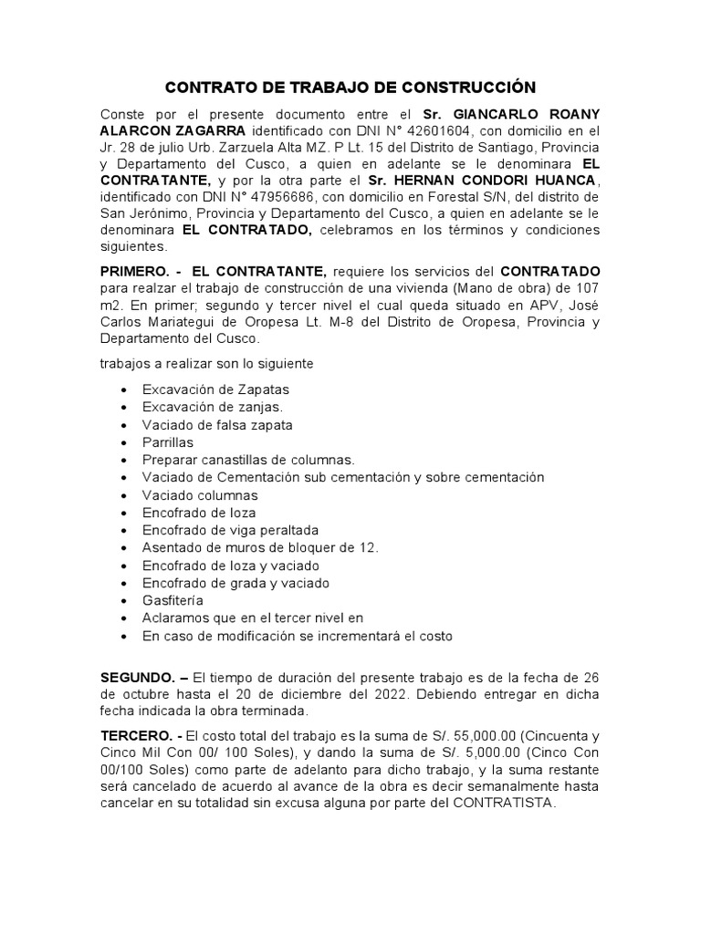 CONTRATO DE TRABAJO DE CONSTRUCCIÓN | PDF