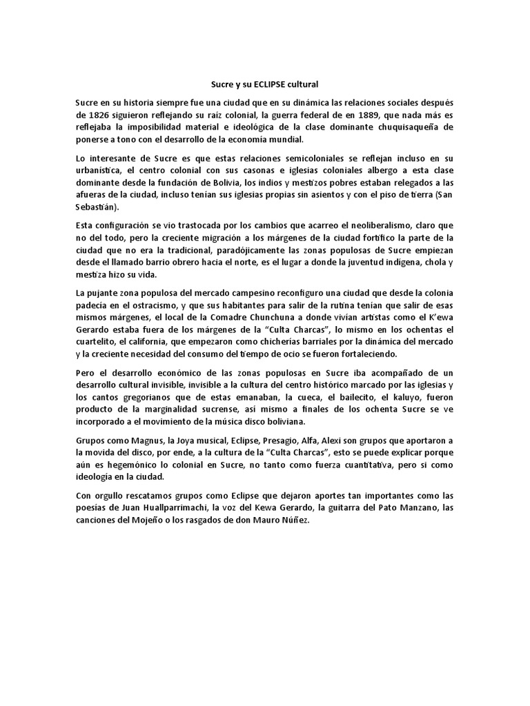 Sucre y Su ECLIPSE Cultural | PDF | Bolivia