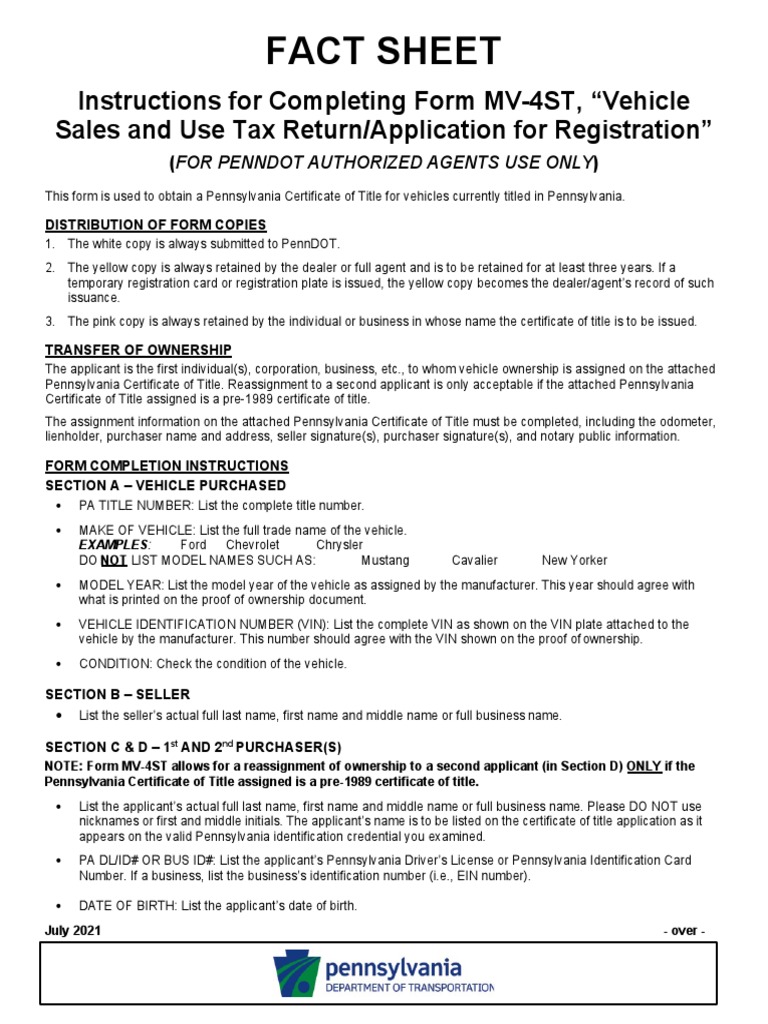 Completing Pennsylvania MV-4ST Form | PDF | Vehicle Registration Plate ...