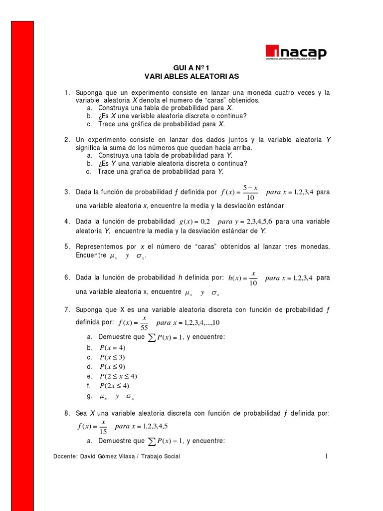 Guía 1 Variables Aleatorias | PDF | Variable aleatoria | Probabilidad