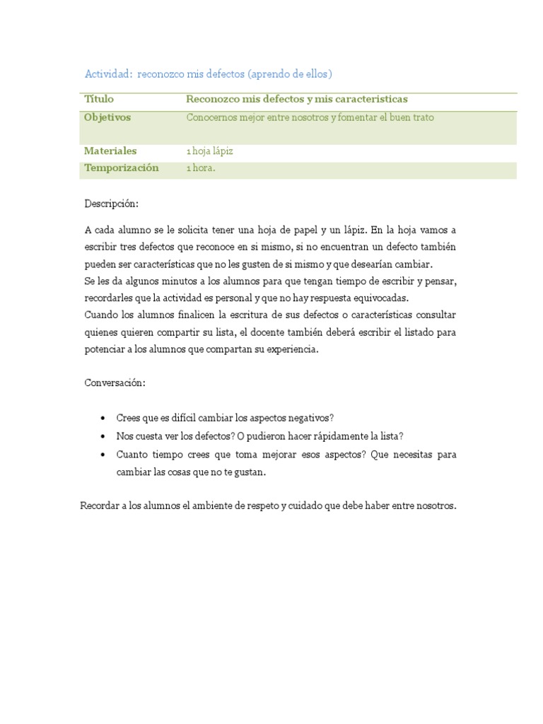 Reconocimiento de Defectos Personales | PDF | Artes del Lenguaje y ...