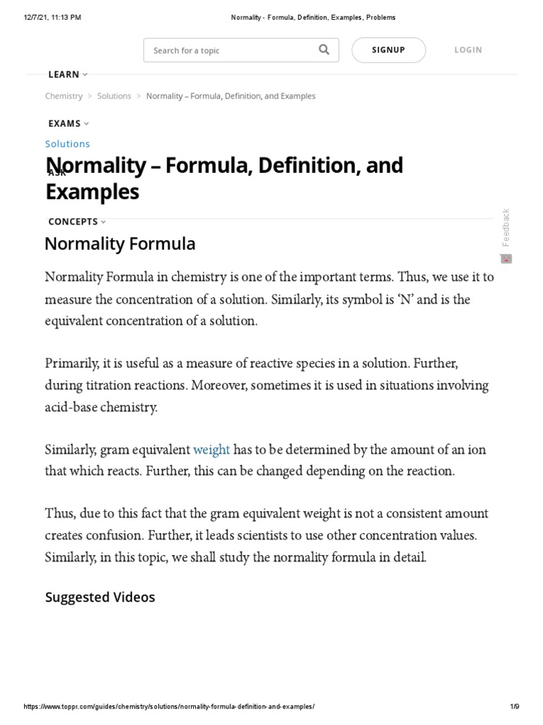 Normality - Formula, Definition, Examples, Problems | PDF | Mole (Unit ...