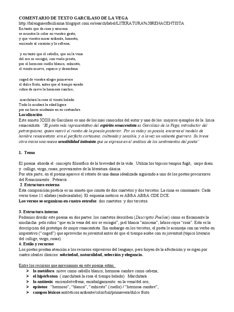 Comentario de Texto Garcilaso de La Vega | PDF | Sonetos | Poesía