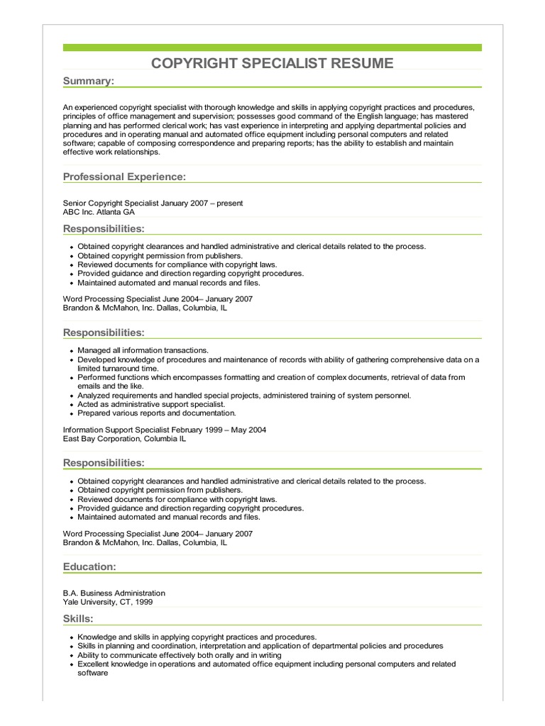 Copyright Specialist Resume | Download Free PDF | Information | Copyright