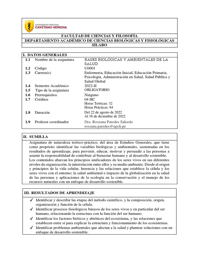 Silabo Bases Biologicas y Ambientales 2022-2 UPCH | PDF | Organismos ...
