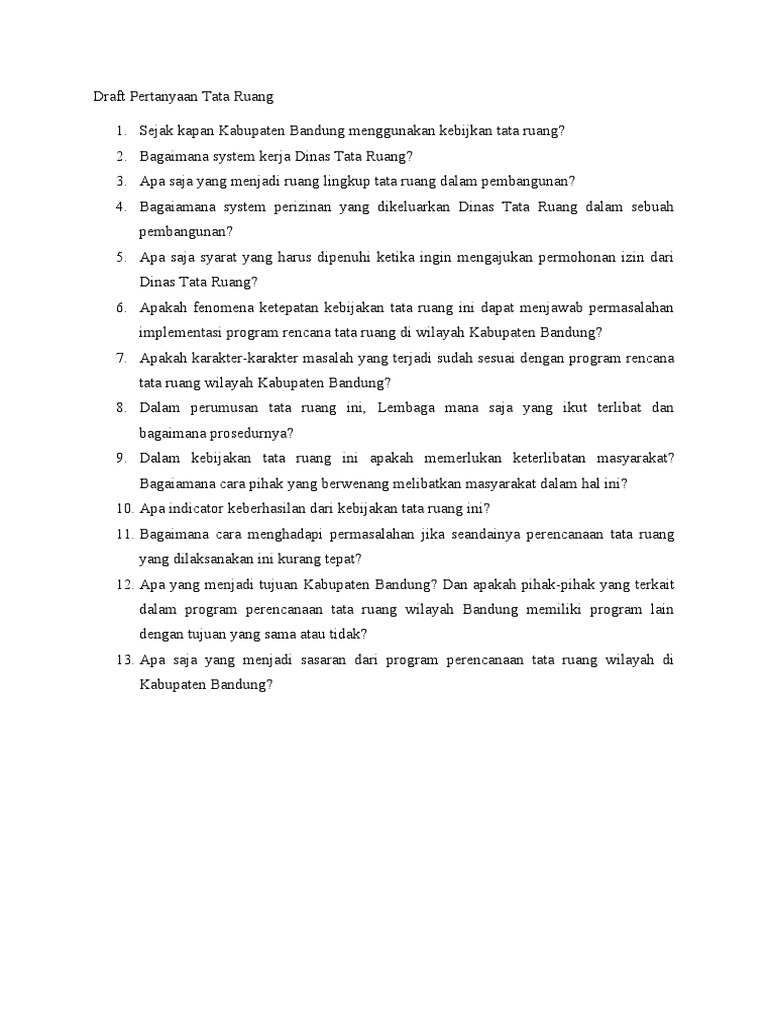 Draft Pertanyaan Tata Ruang | PDF | Bisnis | Komputer