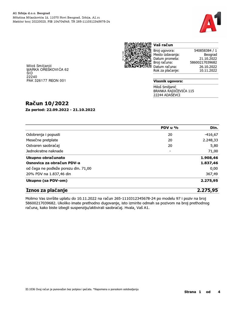 Raèun 10/2022: Miloš Smiljanić Marka Oreškovića 62 ŠID 22240 PAK 326177 ...
