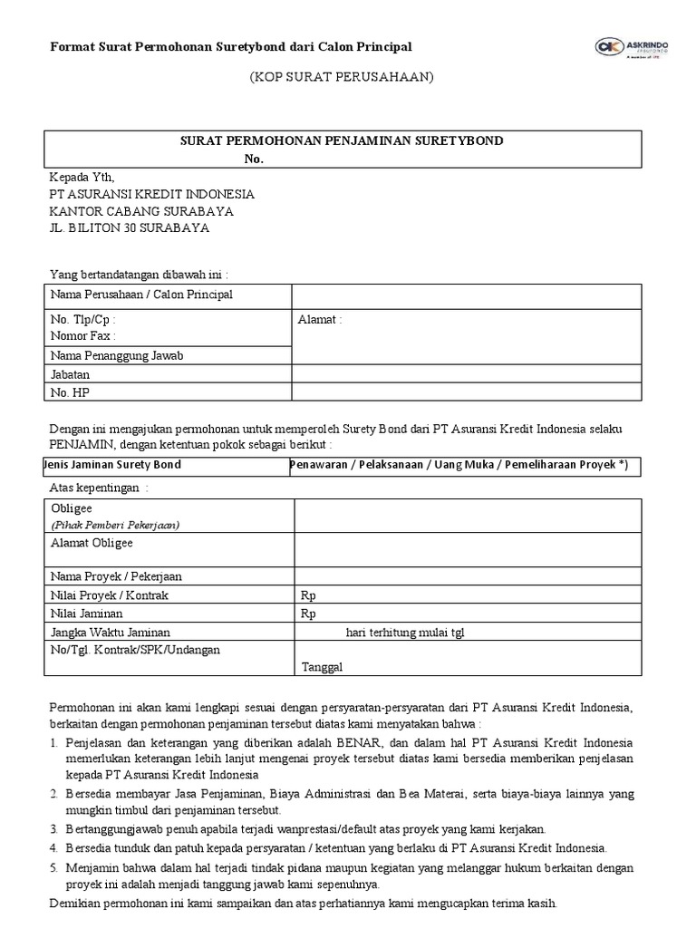 Format Surat Permohonan Surety Bond | PDF