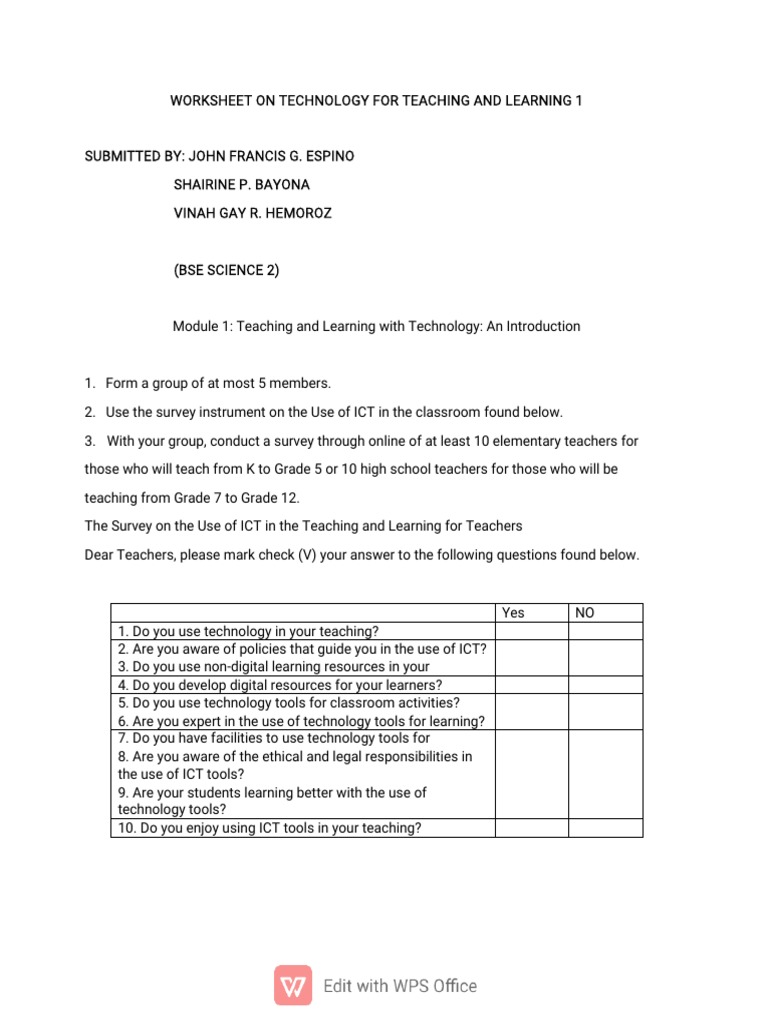 Worksheet On Technology For Teaching and Learning 1 | PDF