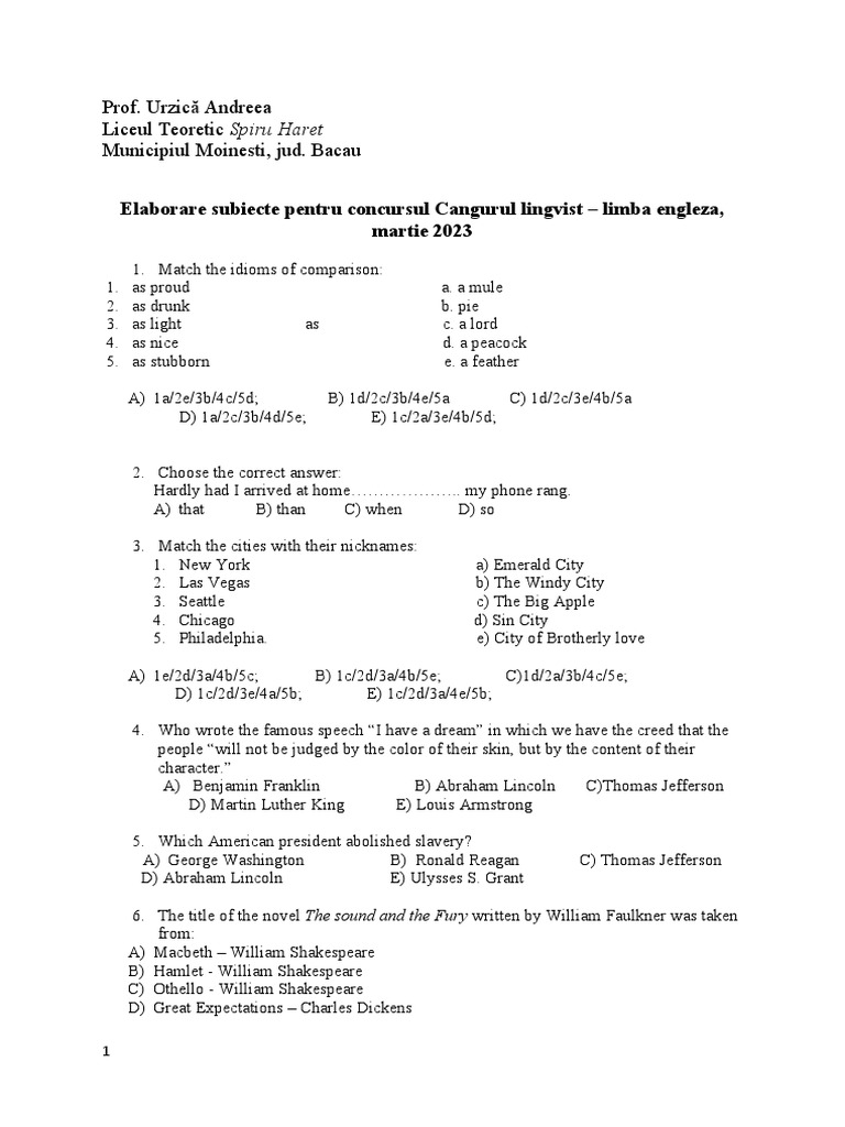 Subiecte Cangurul Lingvist | PDF | William Shakespeare | Amazing Grace