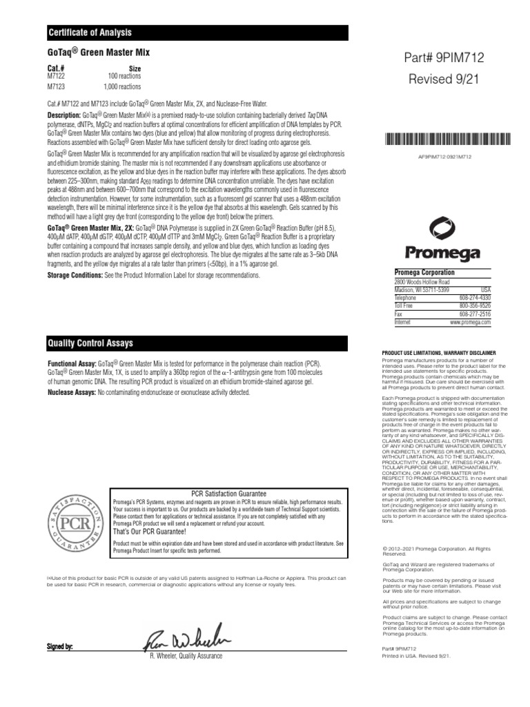 Gotaq Green Master Mix Protocol | PDF | Primer (Molecular Biology ...