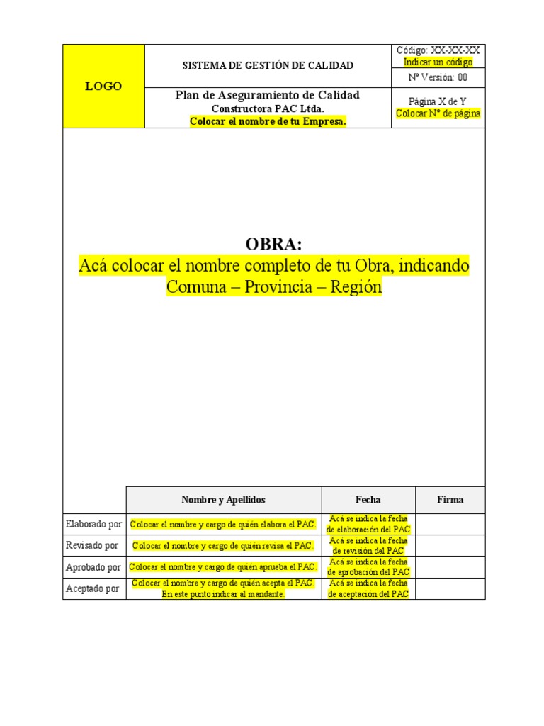 1.- FORMATO PLAN DE CALIDAD (EJEMPLO) | PDF | Sistema de manejo de ...