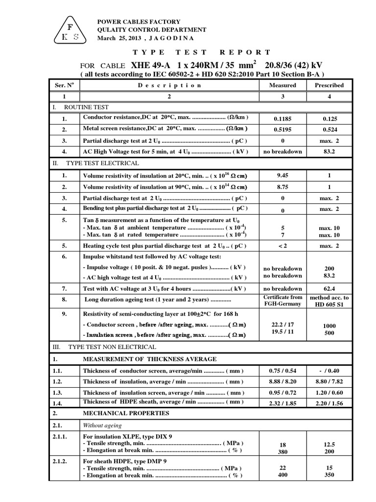 Power Cable XHE 49-A Test Report | PDF | Insulator (Electricity ...