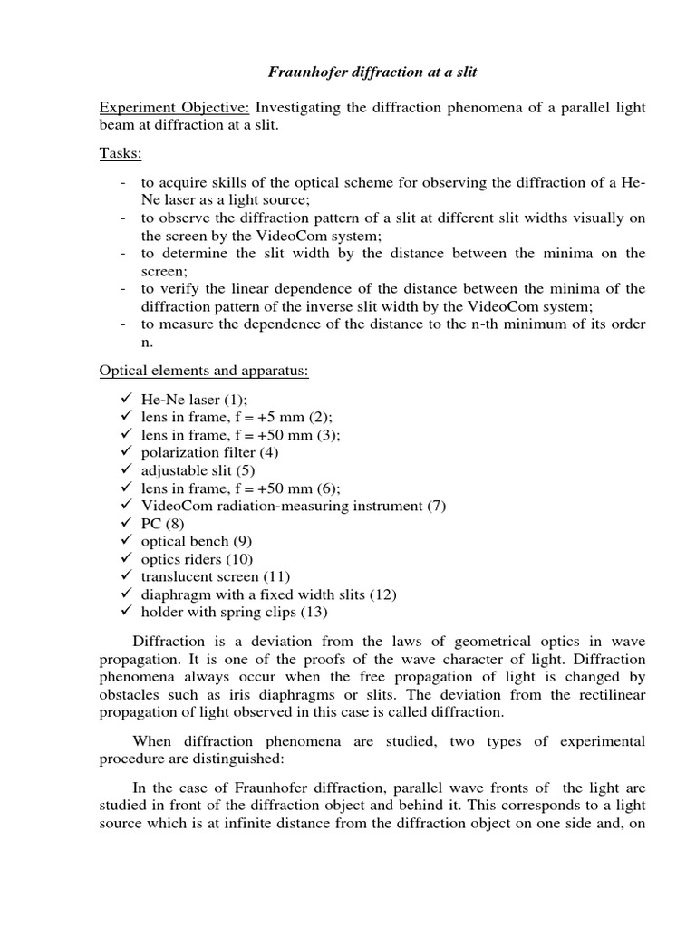 Fraunhofer Diffraction At The Slit Pdf Diffraction Optics