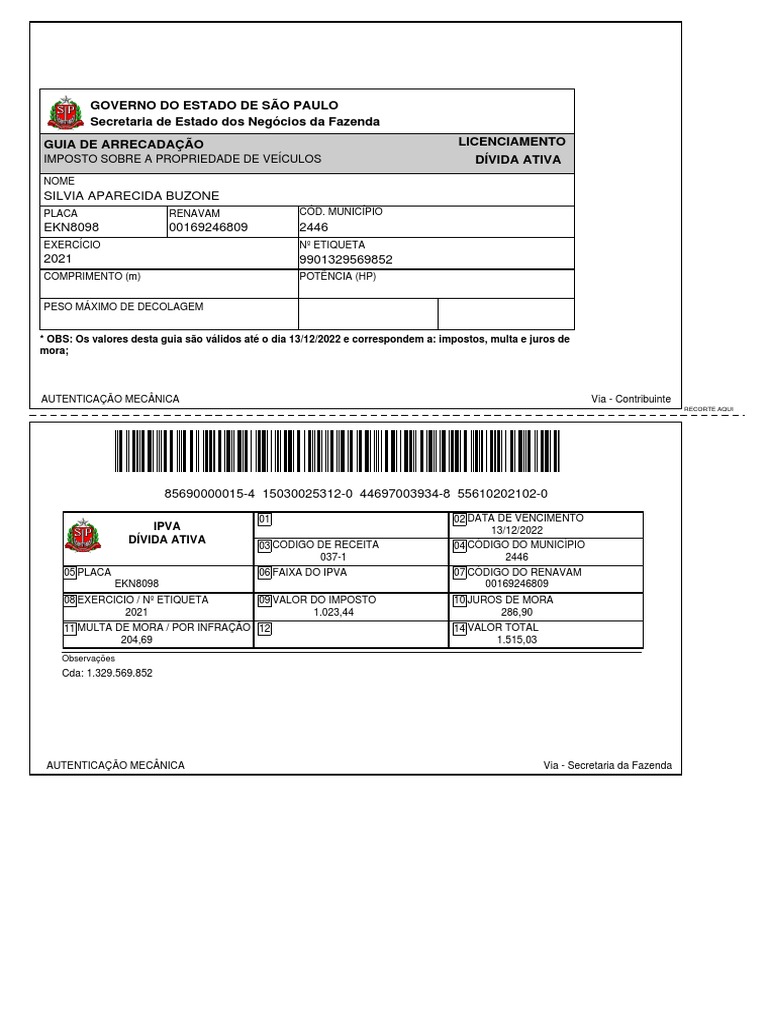 Guia de Arrecadação de IPVA e Dívida Ativa no Estado de São Paulo | PDF