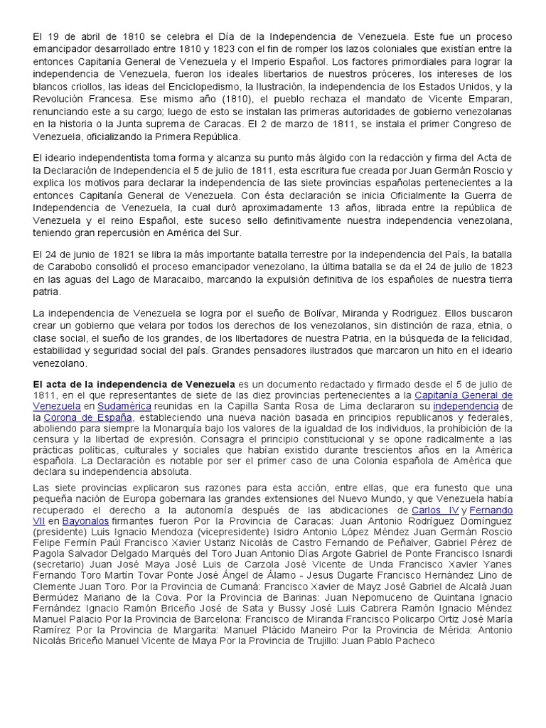 El 19 de Abril de 1810 Se Celebra El Día de La Independencia de ...