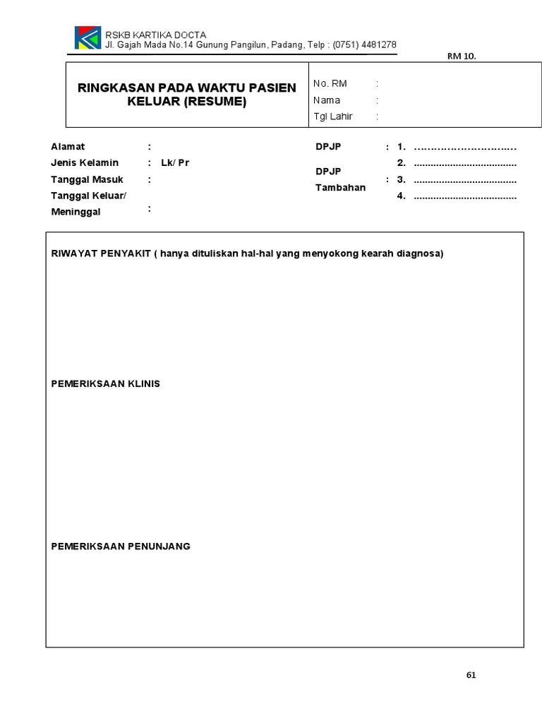 RM 10 Formulir Resume Pasien Pulang | PDF