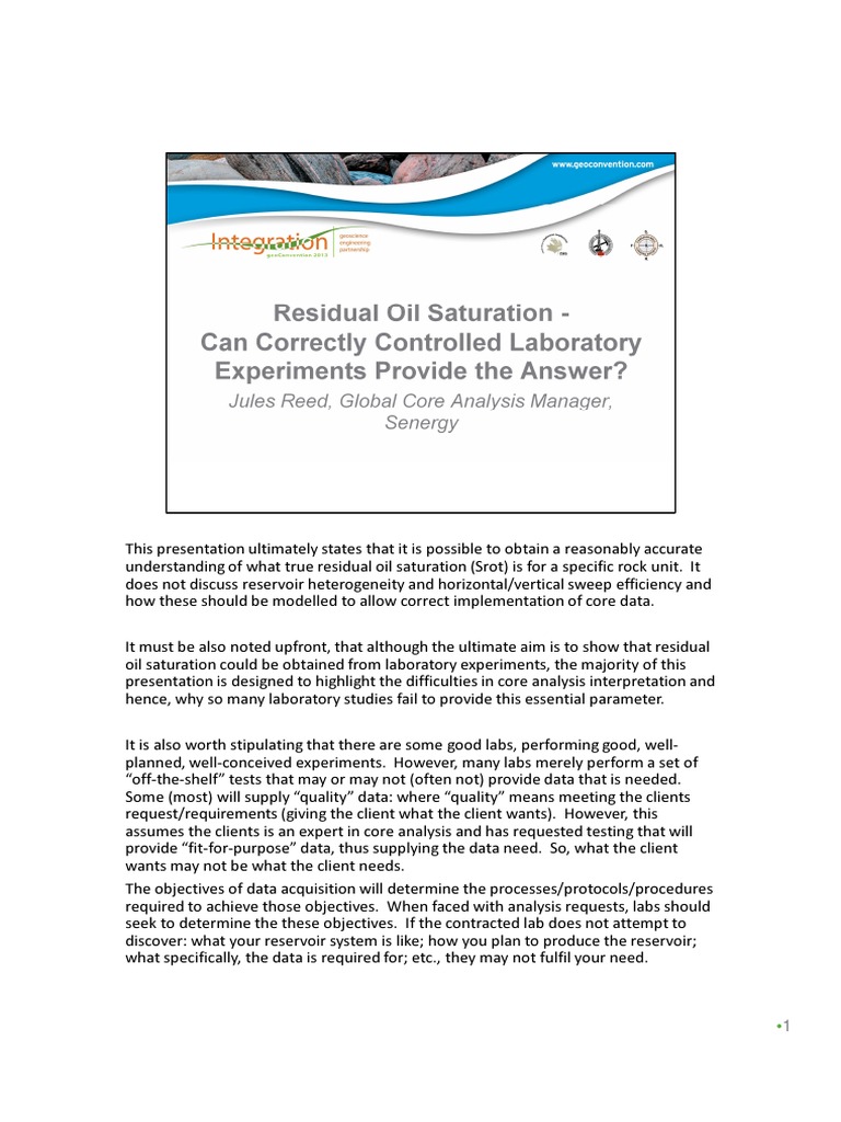 GeoConvention 2013 - True Residual Oil Saturation | PDF | Laboratories ...