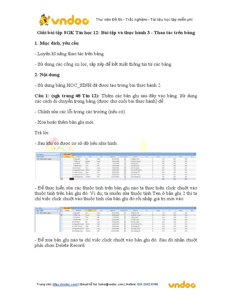 Giai Bai Tap SGK Tin Hoc 12 Bai Tap Va Thuc Hanh 3 Thao Tac Tren Bang 4956 | PDF