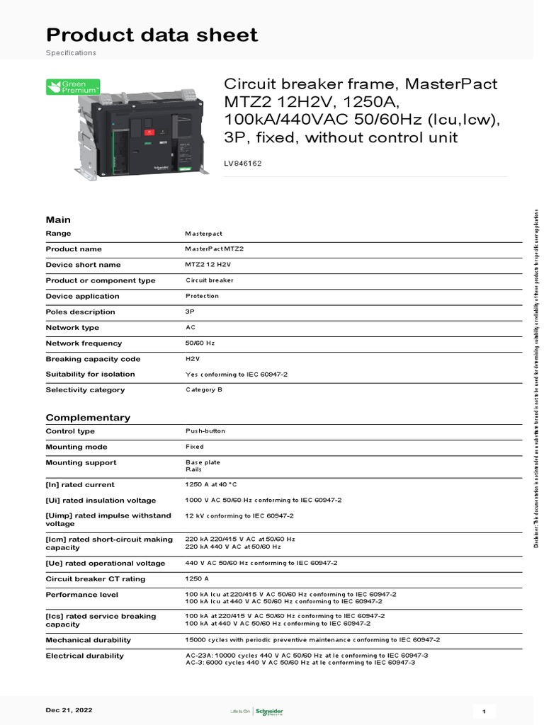 MasterPact MTZ2 Circuit Breaker Specs | PDF | Alternating Current | Hertz