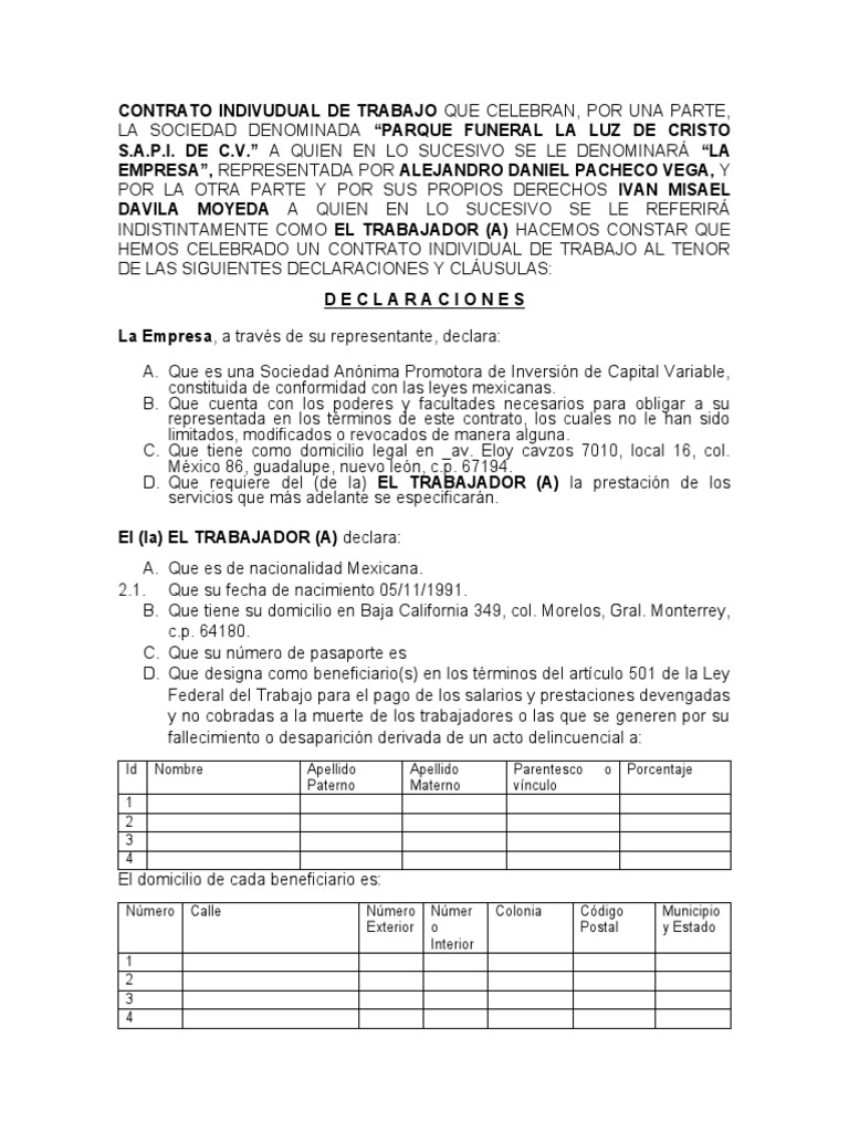 Contrato Individual de Trabajo - Formato | PDF | Business | Salario