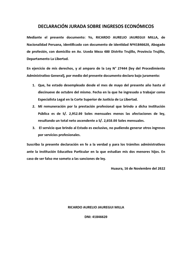 Declaración Jurada Sobre Ingresos Económicos | PDF