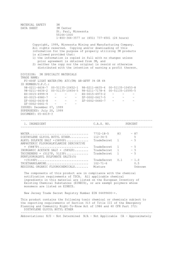 3M FC 600F Light Water | PDF | Hazardous Waste | Volatile Organic Compound