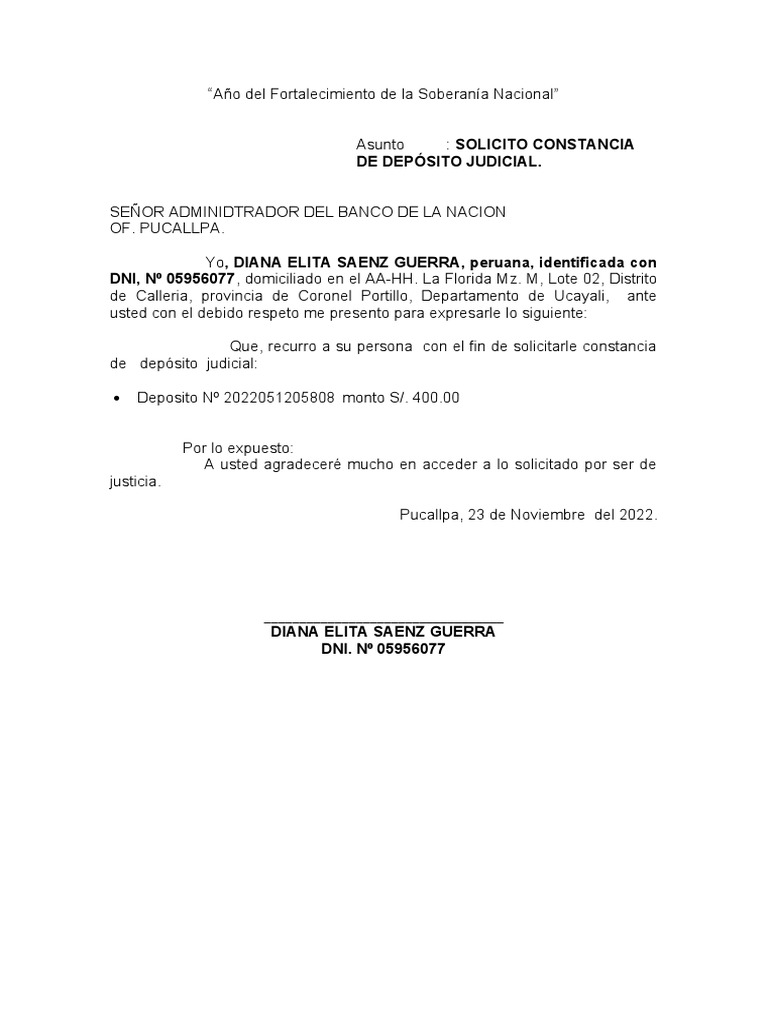 Constancia de Depósito Judicial. | PDF