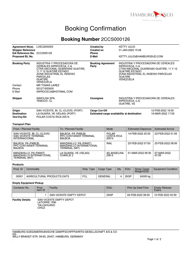 Booking Confirmation for Agricultural Oats Shipment | PDF | Cargo ...