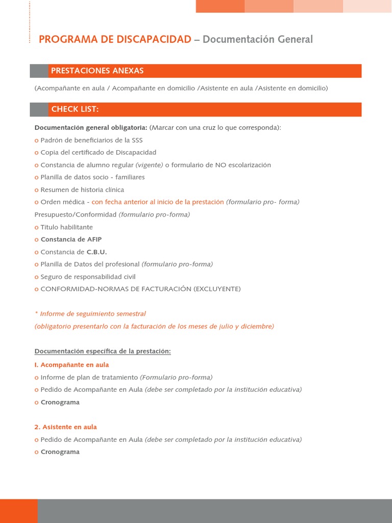 PROGRAMA DE DISCAPACIDAD – Checklist y Formularios | PDF | Ciencias de ...