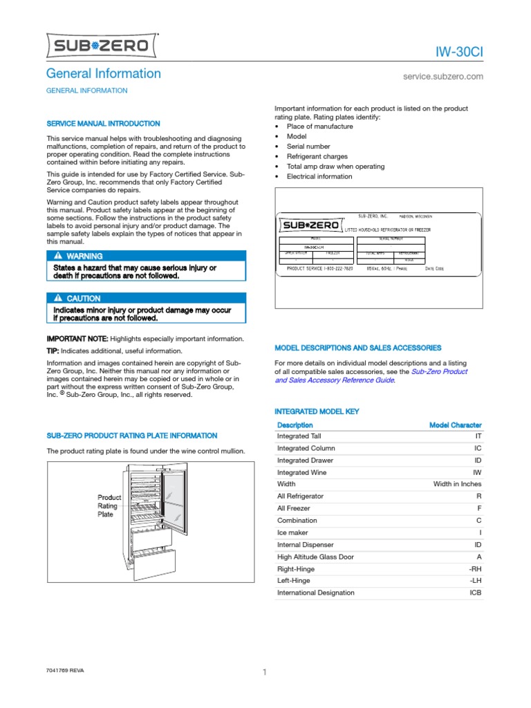 Sub Zero Service Manual - IW-30CI | PDF | Refrigerator | Manufactured Goods