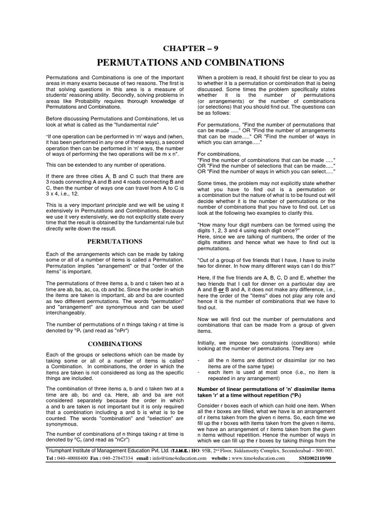 Quantitative Chapter 9 Permutations And Combinations Pdf Permutation Mathematical Objects