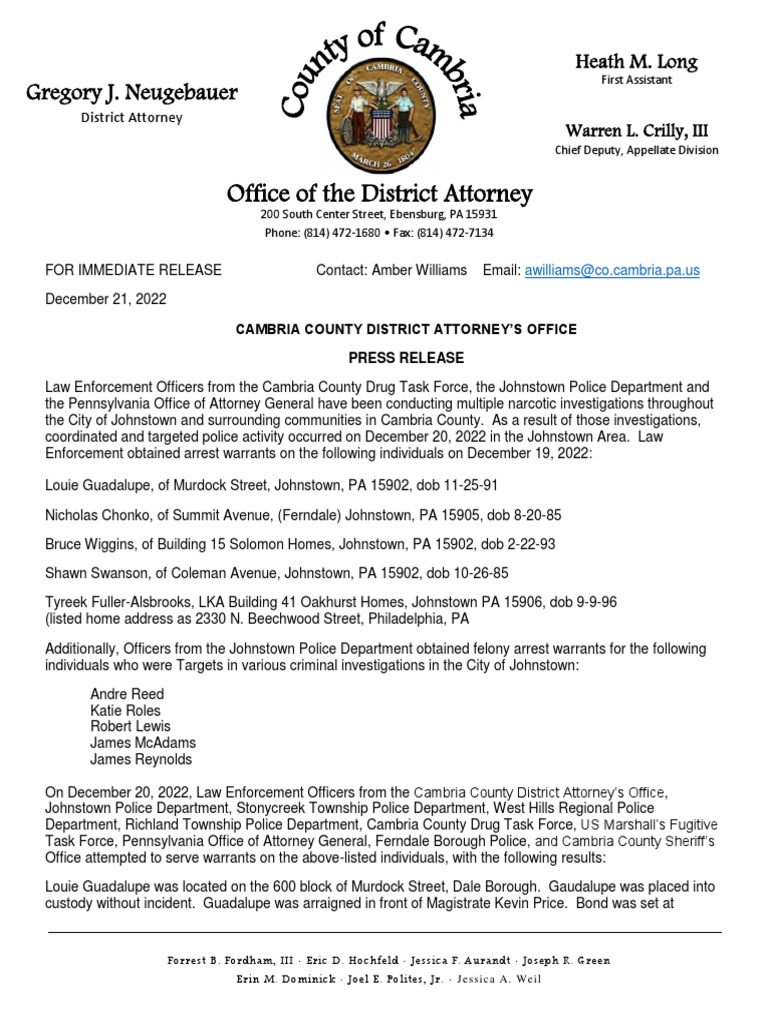 Cambria County Drug Arrests | PDF | Search Warrant | Arrest Warrant