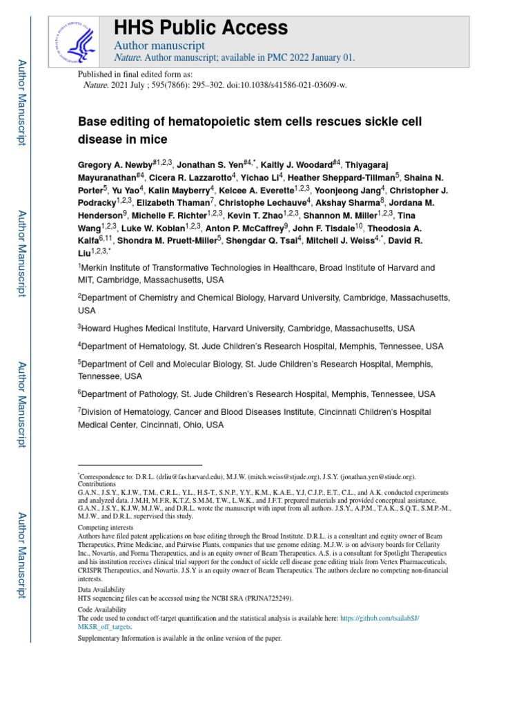 Base Editing of Hematopoietic Stem Cells Rescues Sickle Cell Disease in ...