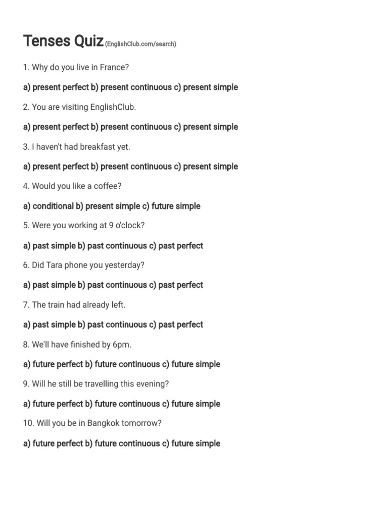 English Tenses Quiz: Multiple Choice | PDF | Sports & Recreation