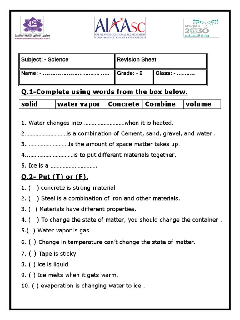 Science - Revision Sheet Grade2 | PDF | Technology & Engineering