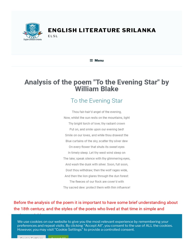 Englishliteraturesrilanka Com To The Evening Star William Blake ...