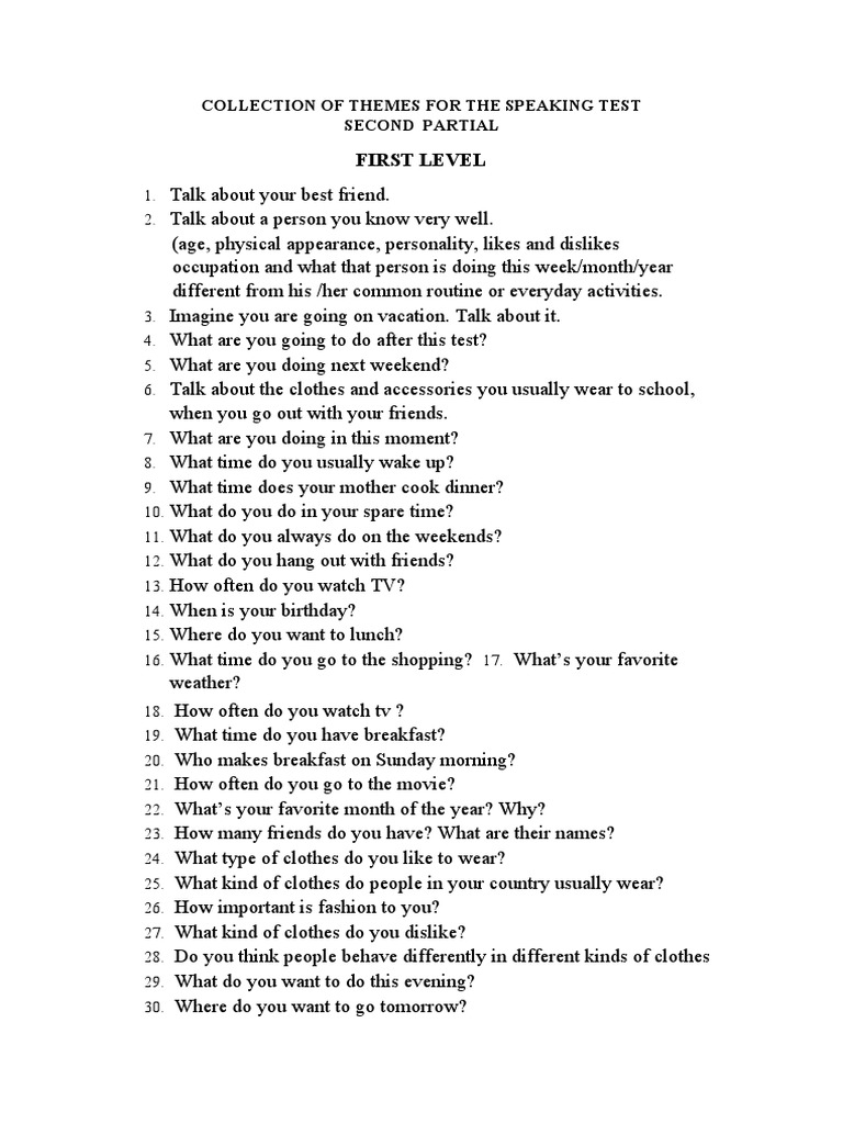 FIRST LEVEL - COLLECTION OF THEMES FOR THE SPEAKING TESTl | PDF
