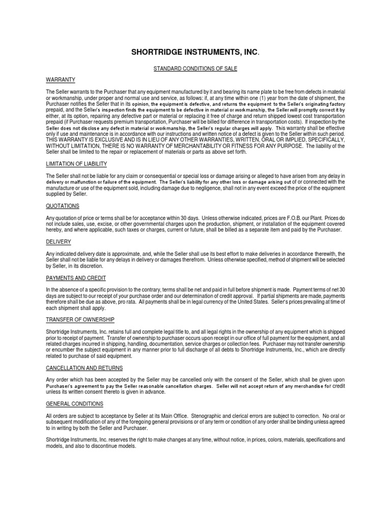 Terms & Conditions - Shortridge Instruments Inc | PDF | Payments | Receipt