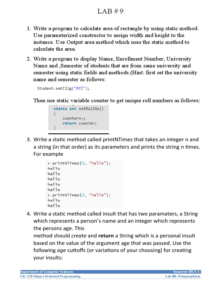 Lab 9 | Download Free PDF | Method (Computer Programming) | Parameter (Computer Programming)