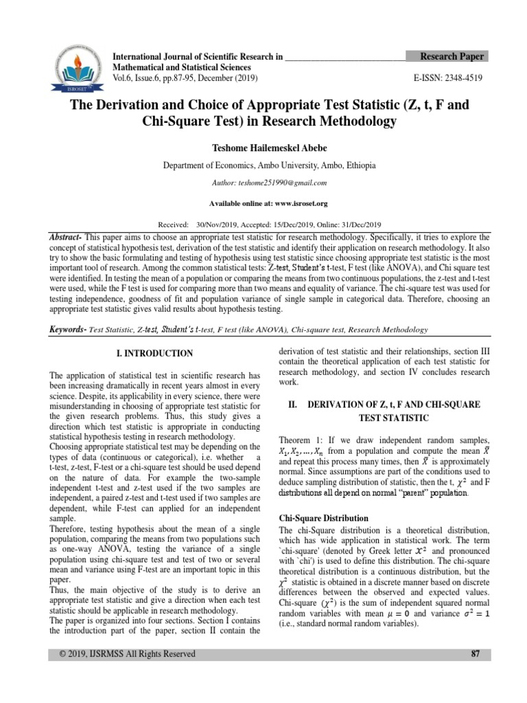 The Derivation And Choice Of Appropriate Test Statistic Z T F And
