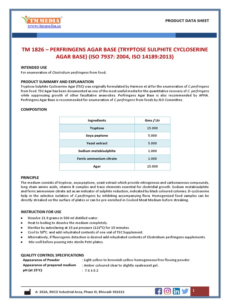 Perfringens Agar Base (Tryptose Sulphite Cycloserine Agar Base) (Iso ...