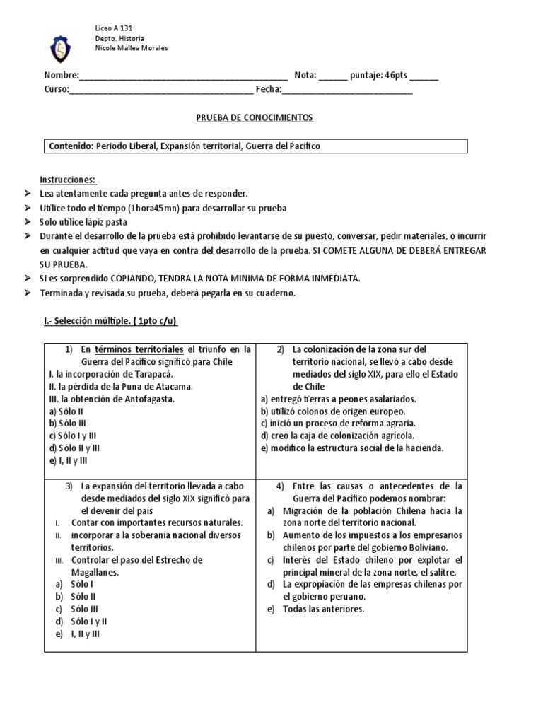 Prueba 1 Medio Pdf Chile América Del Sur
