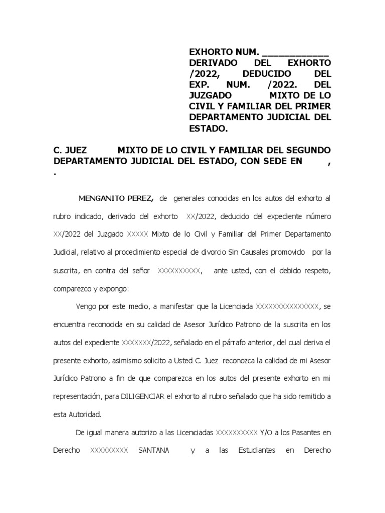Autorizacion para Diligenciar Exhorto - Divorcio Incausado | PDF Autorizacion para Diligenciar Exhorto - Divorcio Incausado | PDF
