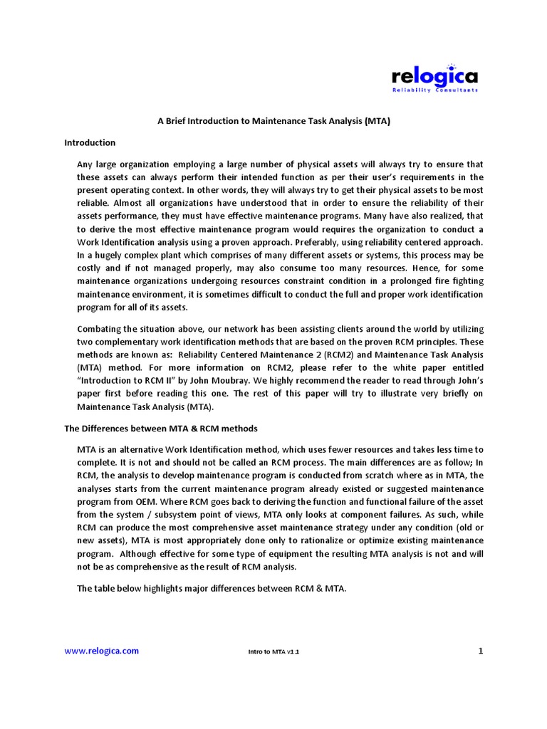 Introduction To Maintenance Task Analysis | PDF | Reliability Engineering | Systems Engineering