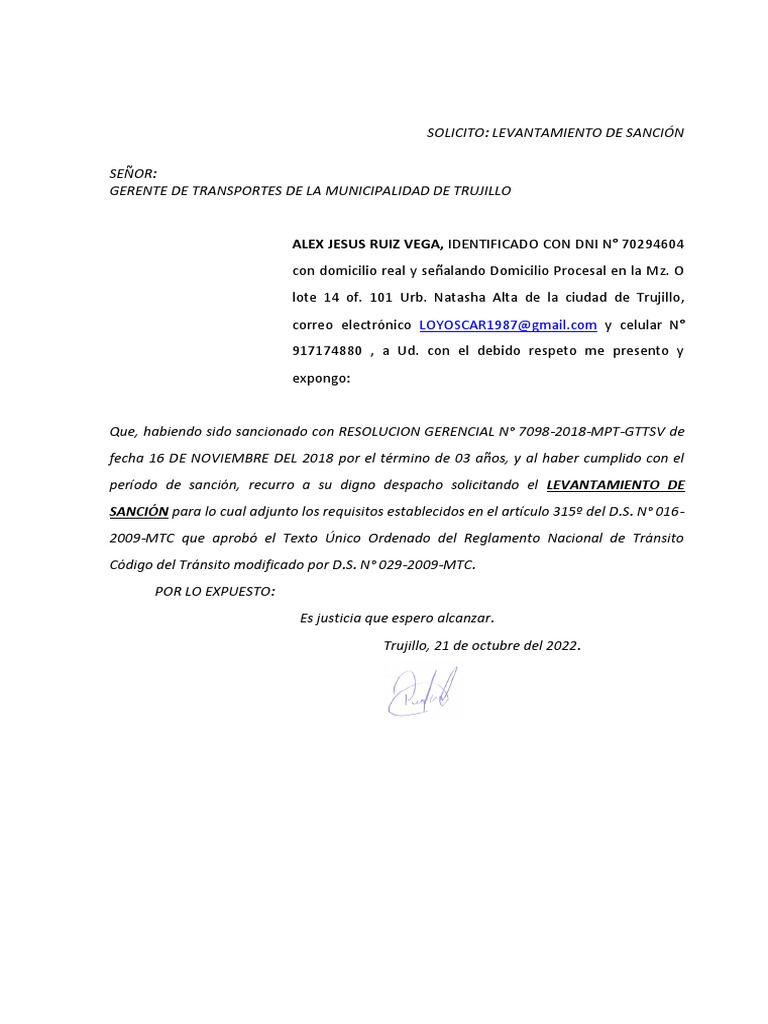 Levantamiento de Sancion 01 | PDF Levantamiento de Sancion 01 | PDF