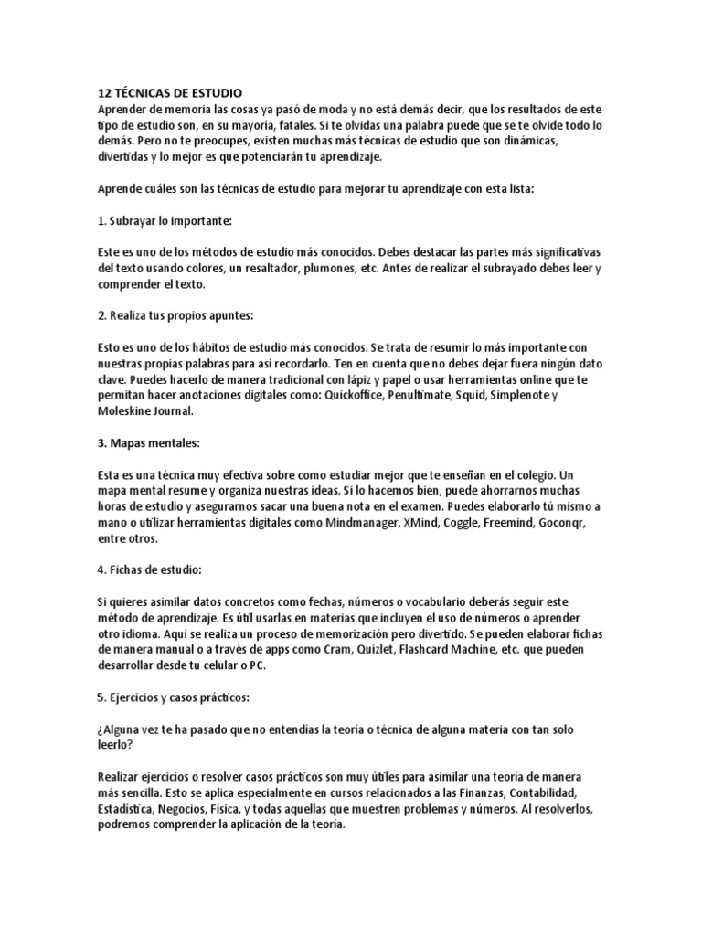 12 Técnicas de Estudio, Qué Es Un Mapa Conceptual | PDF | Aprendizaje ...